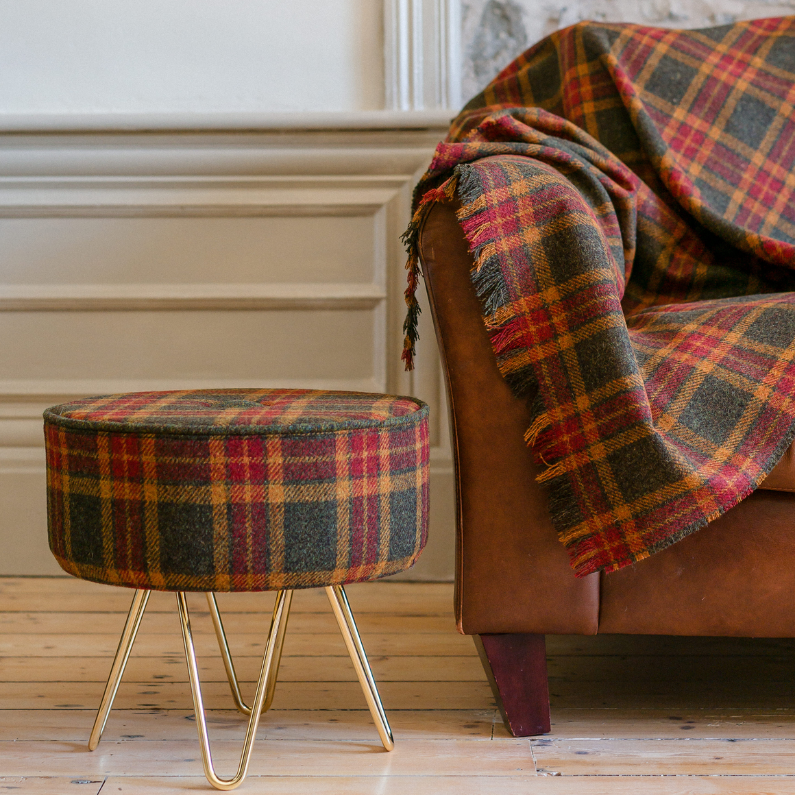 Harris Tweed Moss Green, Gingerbread & Wine Tartan Throw Blanket ...